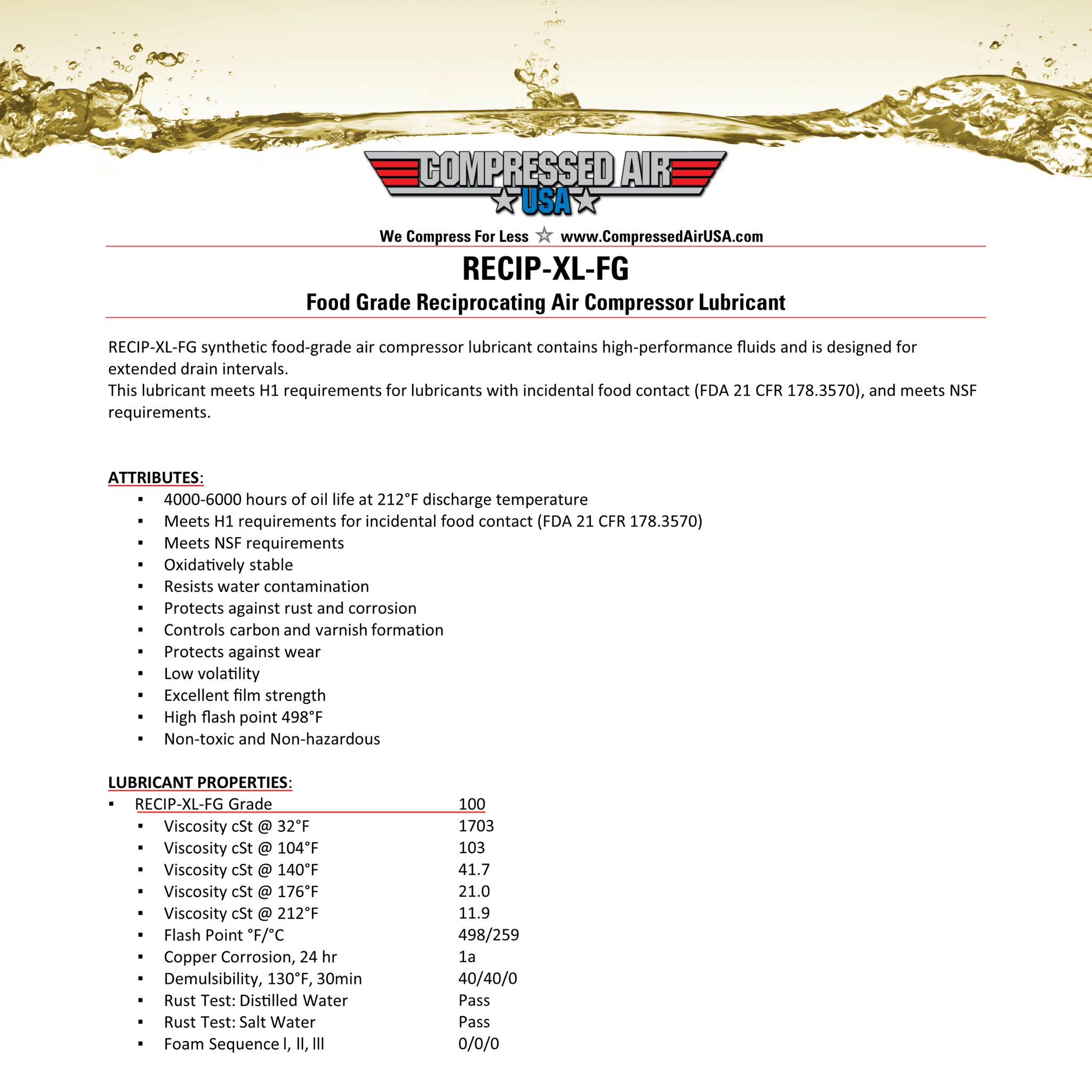 Reciprocating Air Compressor Oil - Food Grade | Compressed Air USA